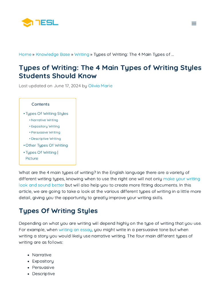 Types of Writing - The 4 Main Types of Writing Styles Students Should ...
