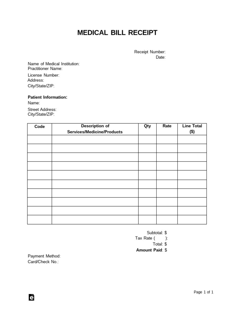 Medical Bill Receipt Template | PDF