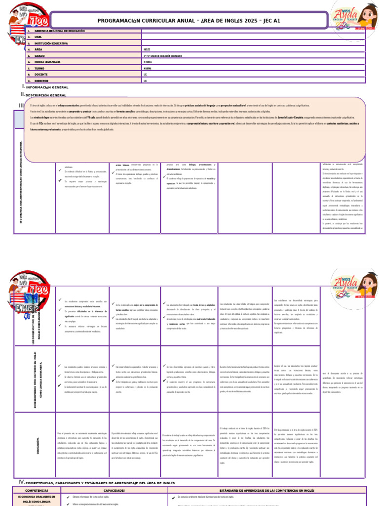 Programación Curricular Anual - A1 - Jec - 2025 | PDF | Comprensión lectora | Aprendizaje