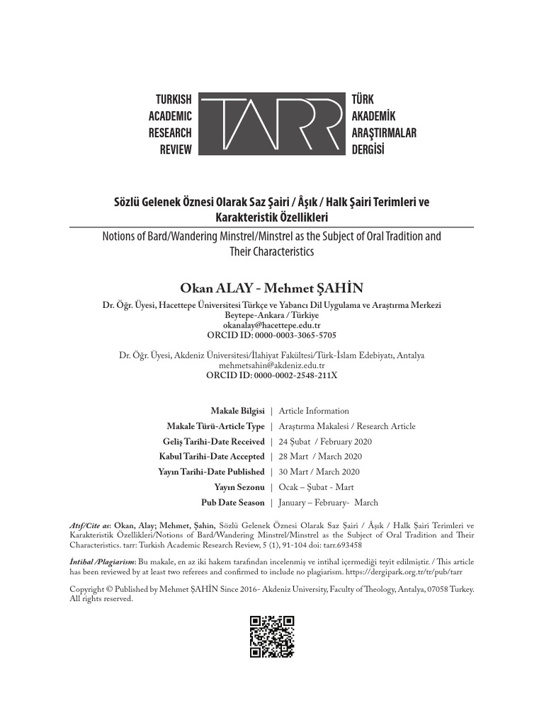 Sozlu Gelenek Oznesi Olarak Saz SairiAsikHalk Sair | PDF