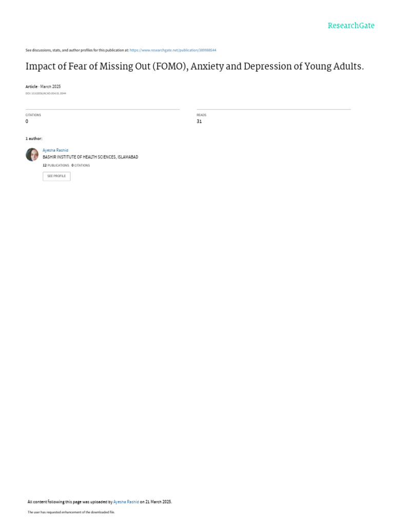 IMPACT OF FEAR OF MISSING OUT (FoMO) ANXIETY AND AGGRESSION OF | PDF ...