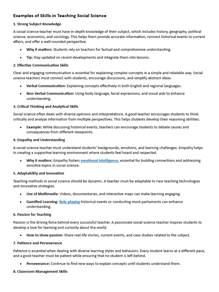Essential Skills for Social Science Teachers | PDF | Teachers ...