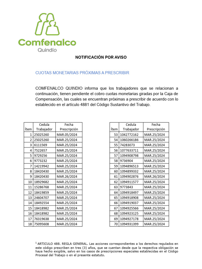 Cuotas Monetarias Proximas a Vencer Mar 2024 Comfenalco Quindio | PDF ...