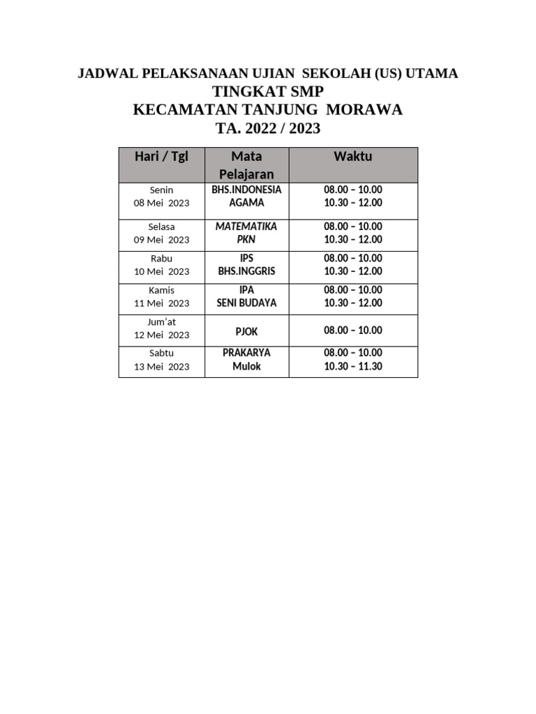 Jadwal Ujian Sekolah (Us) Tp. 2022-2023 | PDF