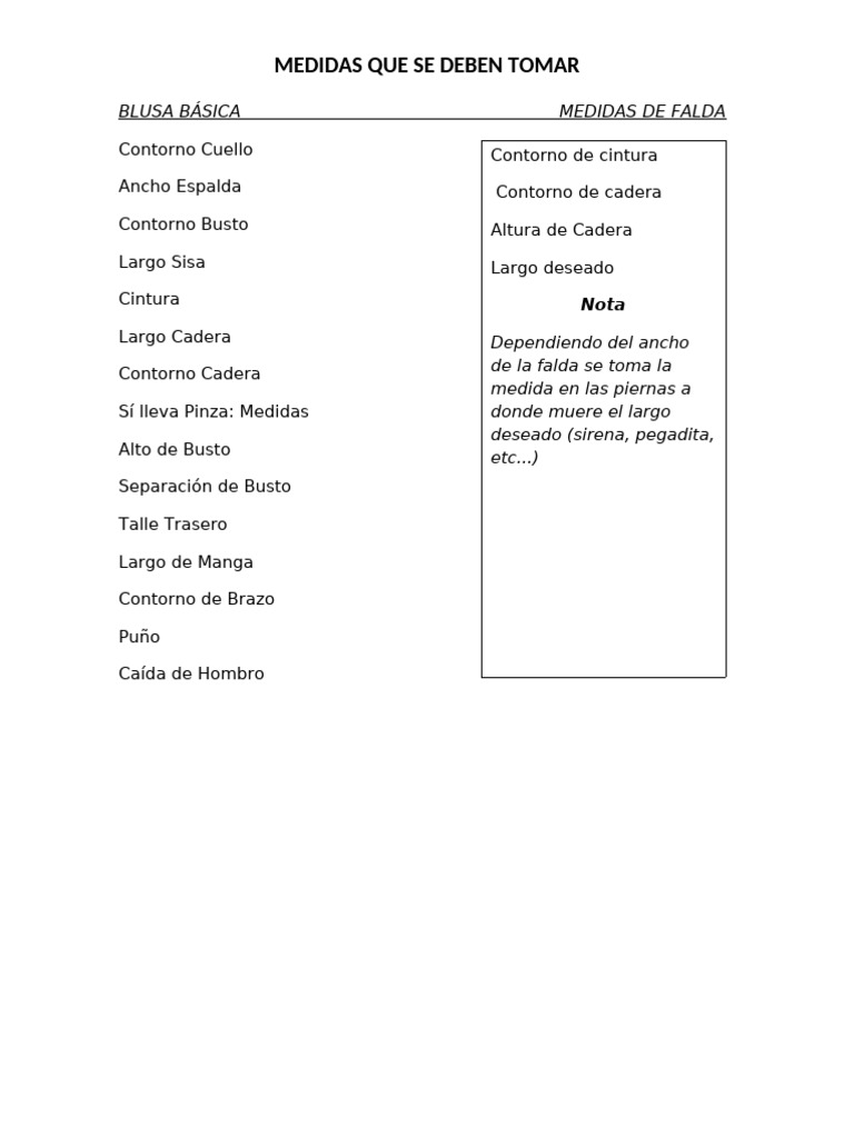 Tabla de Medidas para Costura | PDF