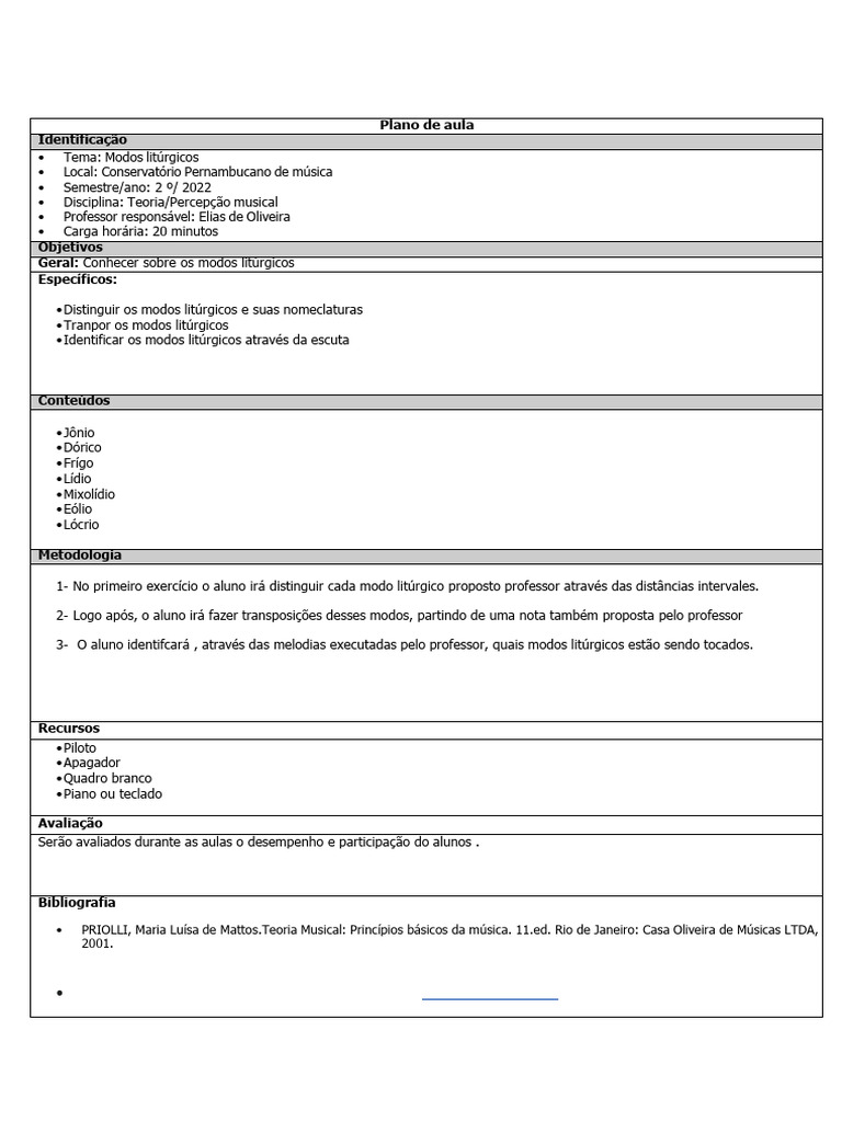 Plano de Aula - Modos Litúrgicos | PDF