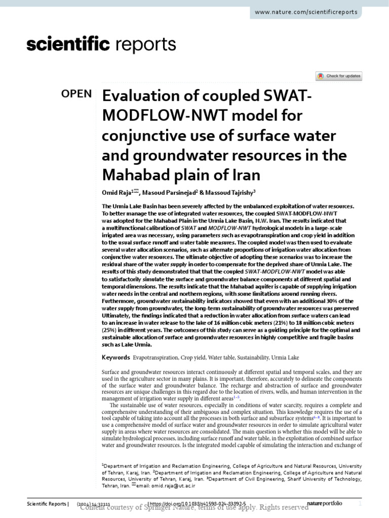 Evaluation of Coupled SWAT-MODFLOW-NWT Model For C | PDF | Groundwater | Water Resources
