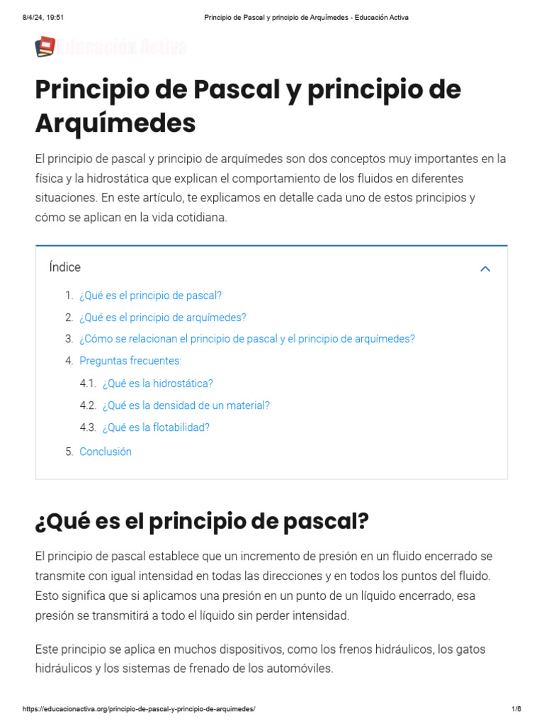 Principio de Pascal y Principio de Arquímedes - Educación Activa | PDF | Flotabilidad | Densidad