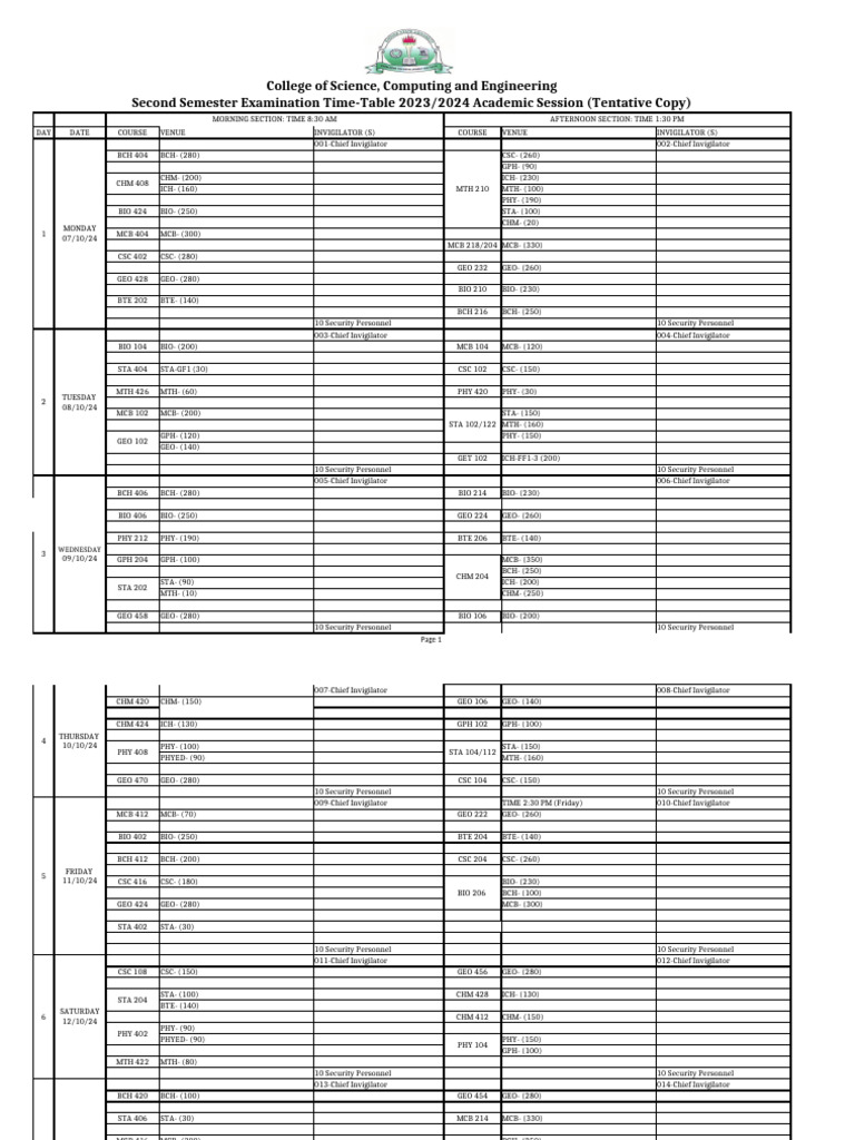 2nd Semester Exams Timetable Tentative 2023-2024 | PDF