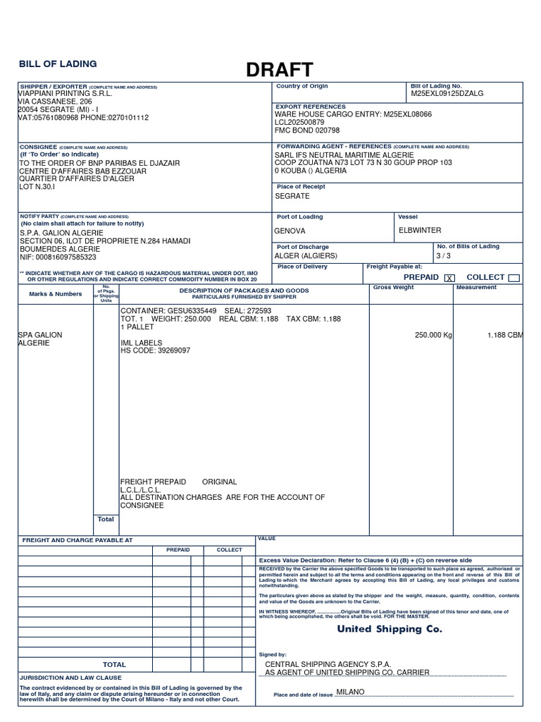 HBL-M25EXL09125DZALG-DRAFT | PDF | Cargo | Bill Of Lading