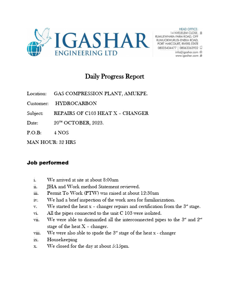 Daily Progress Report: C103 Heat Exchanger Repairs | PDF
