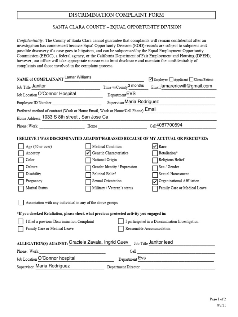 EOD Discrimination Complaint Form - August 2021 - Fillable | PDF ...