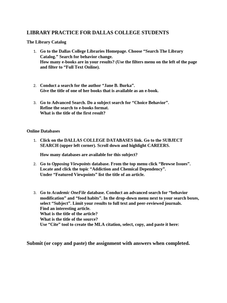 Library Practice For Dallas College Students Online Revised 10.23 | PDF