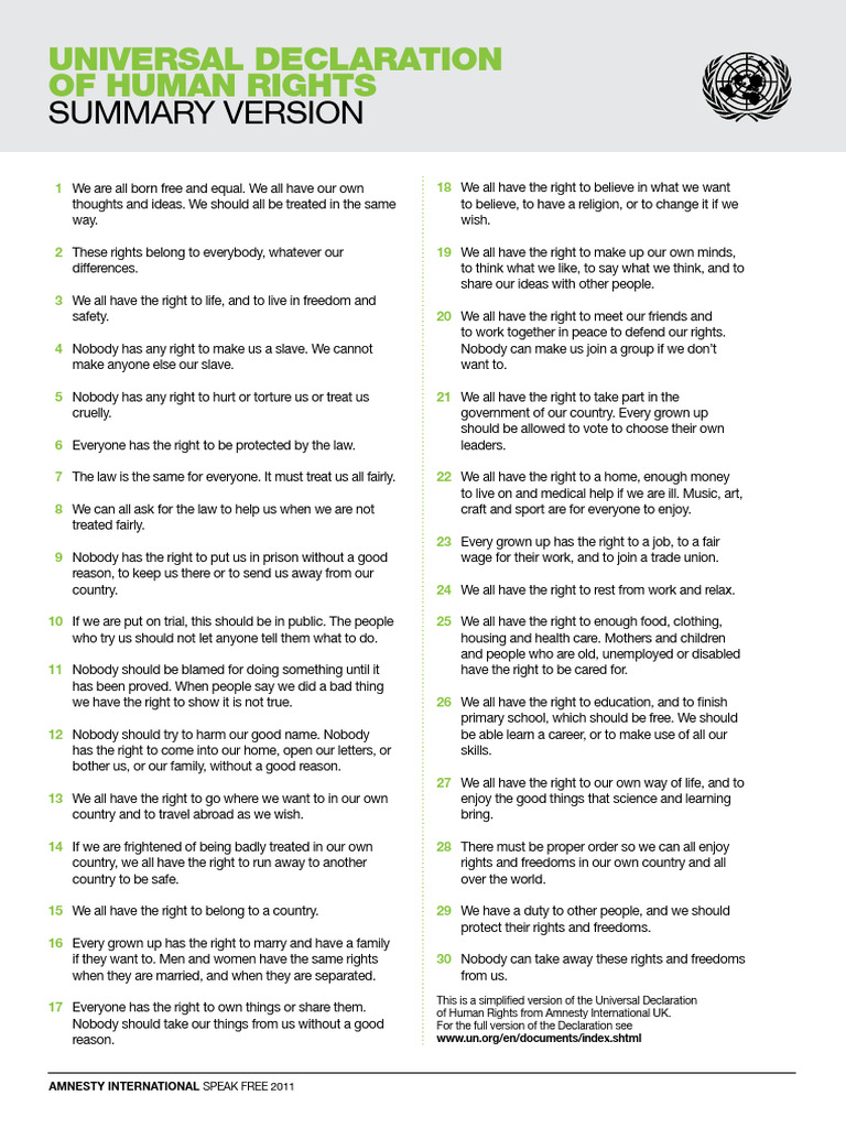 Universal Declaration of Human Rights - Summary | PDF
