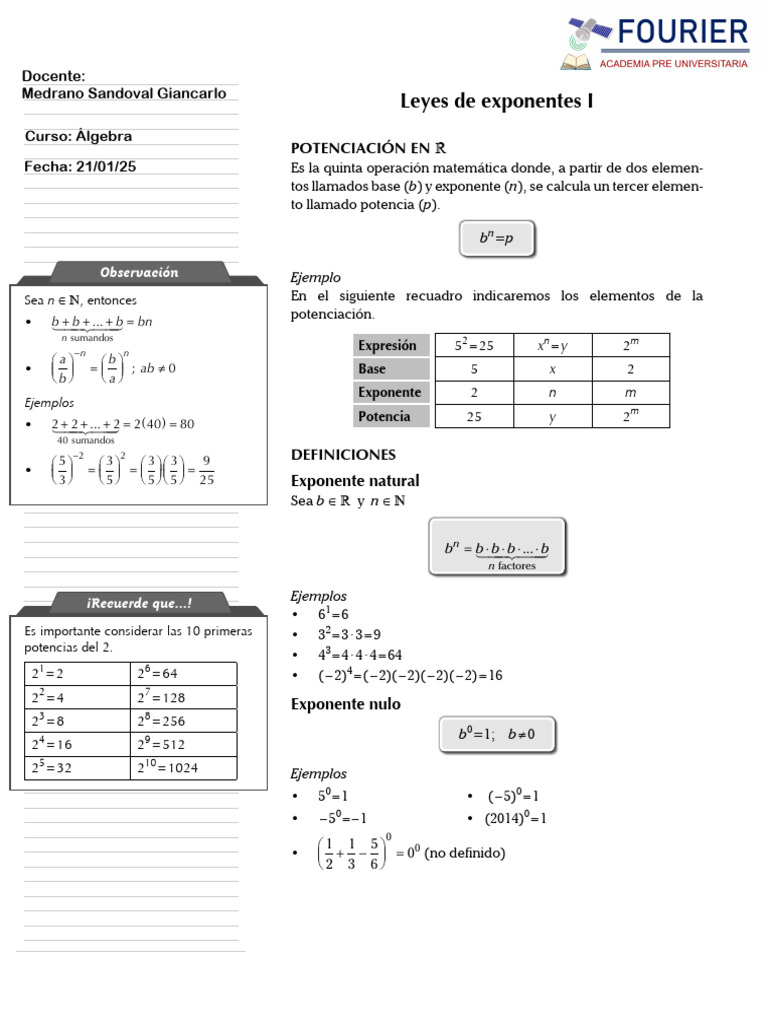 Leyes de Exponentes y Potenciación en Álgebra | PDF | Exponenciación ...