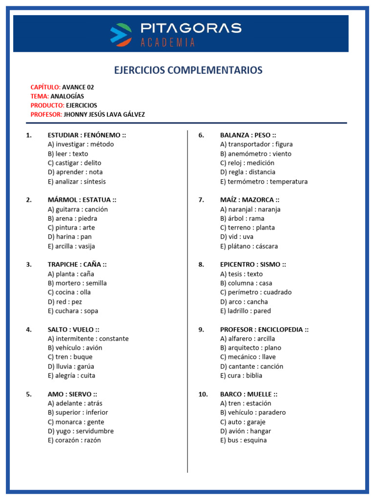 Ejercicios Complementarios: 1. Estudiar: Fenónemo:: 6. Balanza: Peso | PDF
