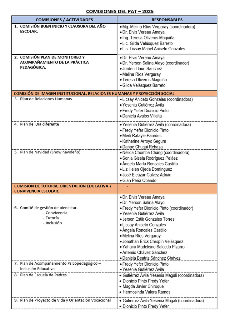 Comisiones del PAT 2025 con Elvis Fecc | PDF