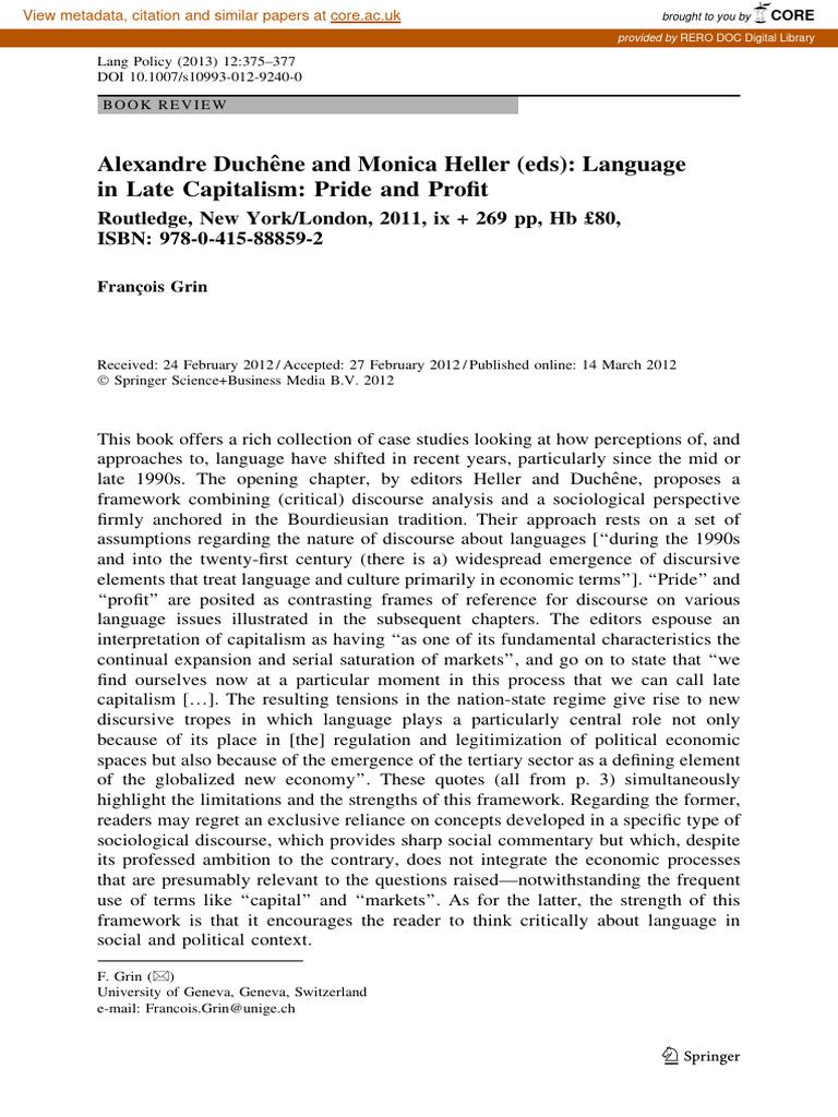 Alexandre Duchene and Monica Heller Eds | PDF | Discourse | Capitalism