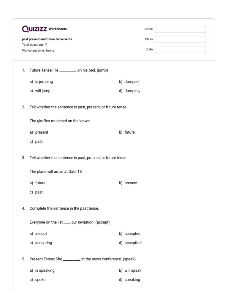 Quizizz - Past Present and Future Tense Verbs | PDF