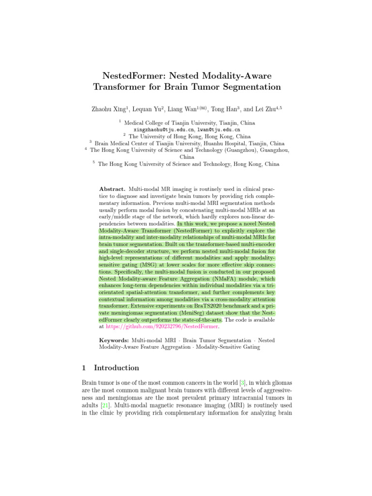 NestedFormer Nested Modality-Aware Transformer For Brain Tumor Segmentation | PDF | Magnetic ...