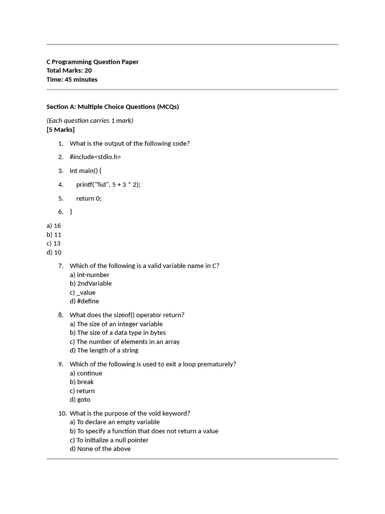 C Programming Question Paper | PDF