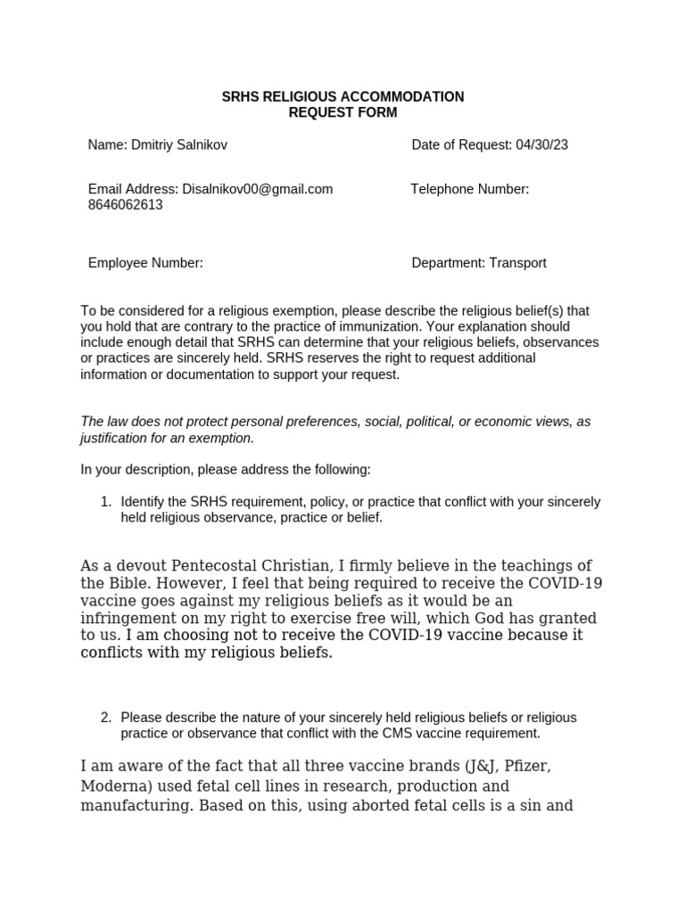 Srhs Religious Accommodation Request Form For Whoever Needs It | PDF ...