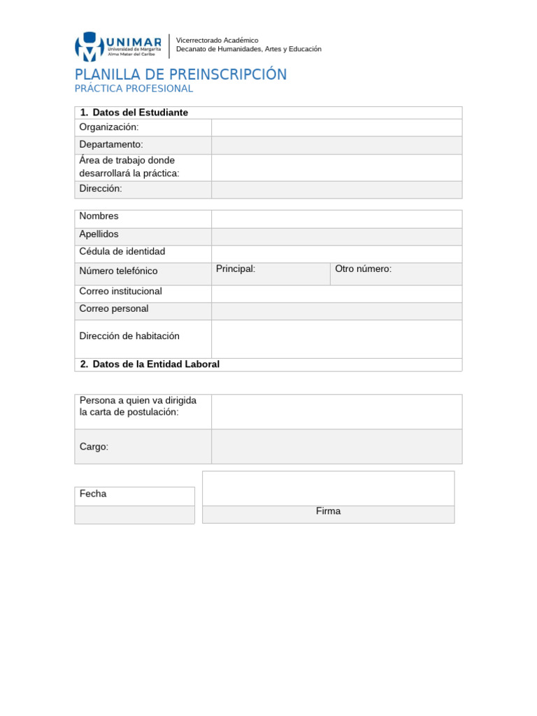 Formatos Prácticas Profesionales - Planilla de Preinscripción | PDF