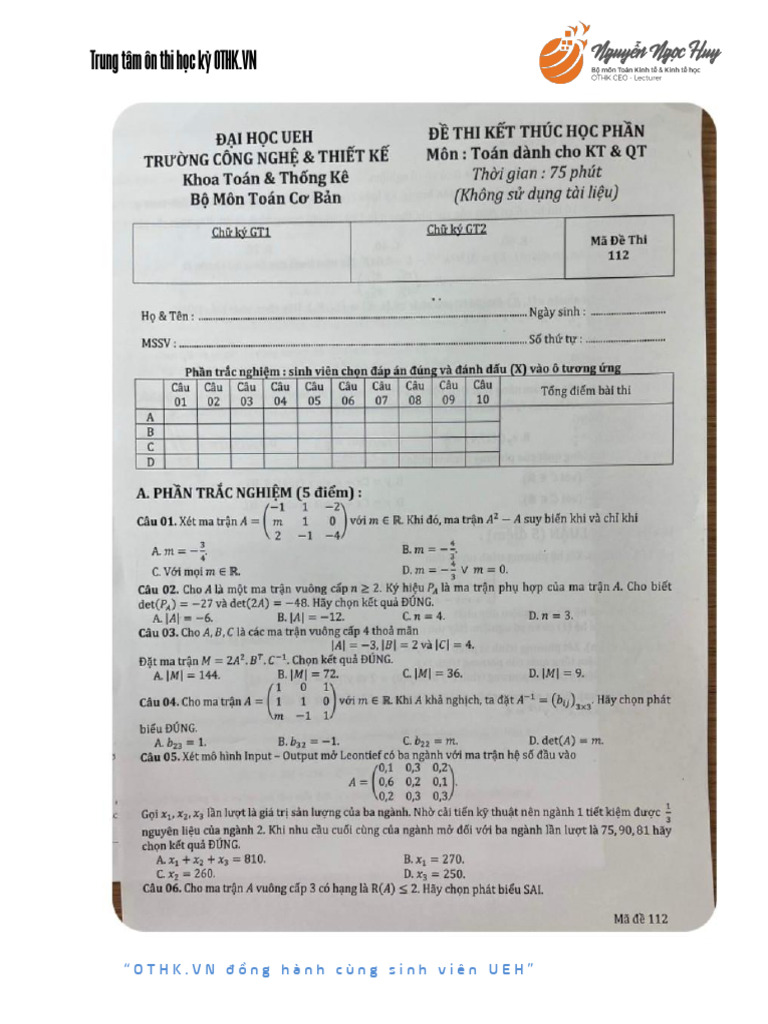 Đề Thi Kết Thúc Học Phần Toán Cao Cấp UEH 2024 - Trung Tâm OTHK - Nguyễn Ngọc Huy | PDF