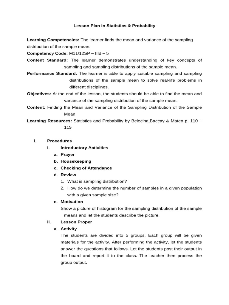 Finding Mean and Variance of The Sampling Distribution of The Sample Mean | PDF | Variance ...