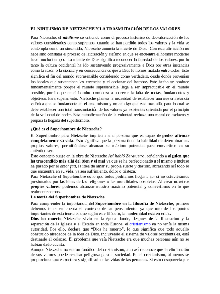 Nihilismo y Superhombre en Nietzsche | PDF | Friedrich Nietzsche | Así ...