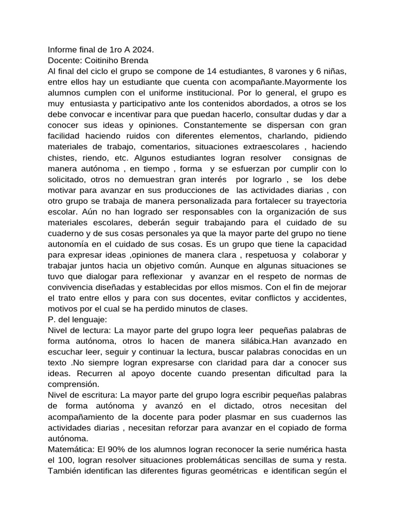 Informe Final de 1ro A 2024 | PDF | Aprendizaje