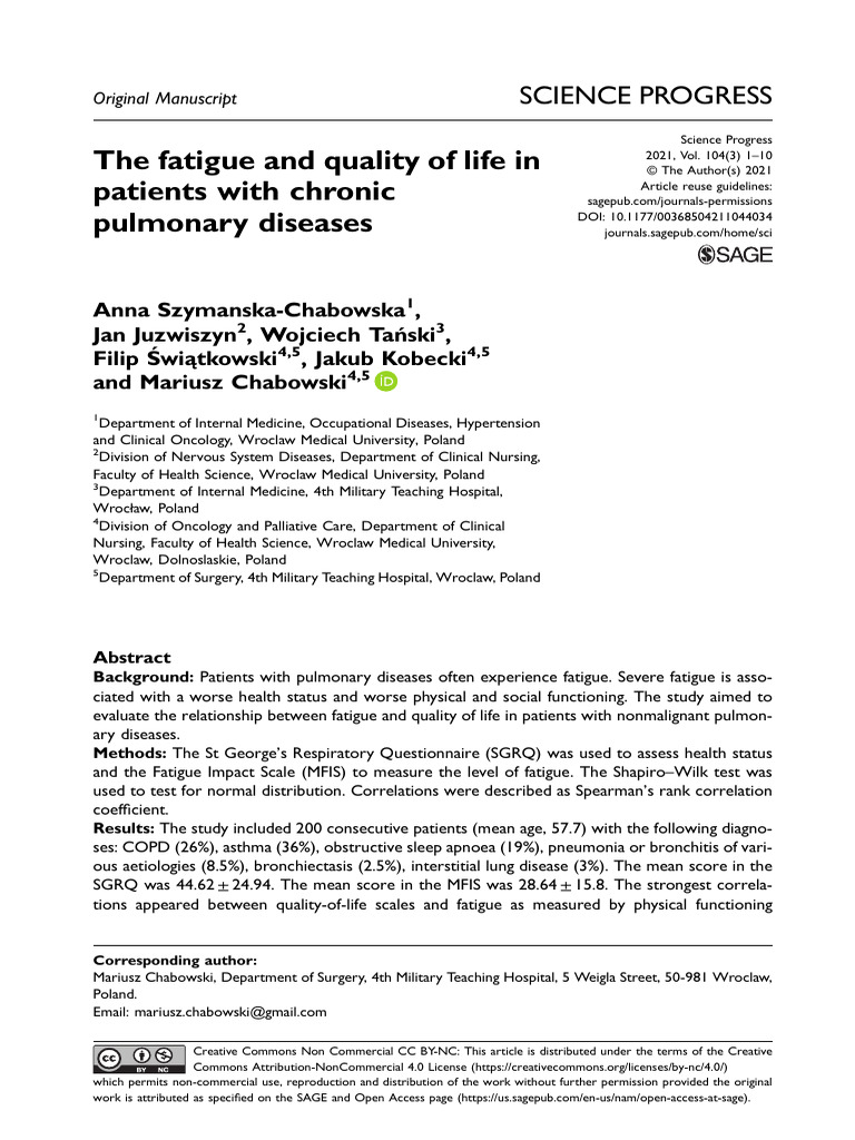 The Fatigue and Quality of Life in Patients With Chronic Pulmonary ...