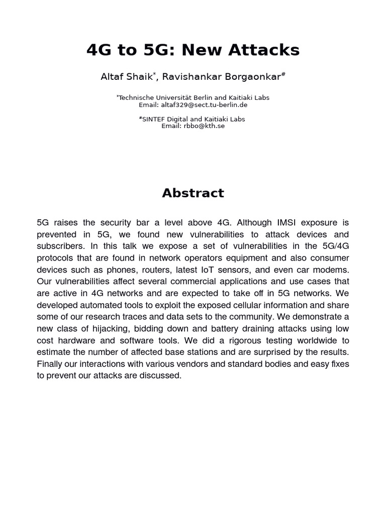 WHITEPAPER 4G To 5G New Attacks Altaf Shaik | PDF | 4 G | Computer Network