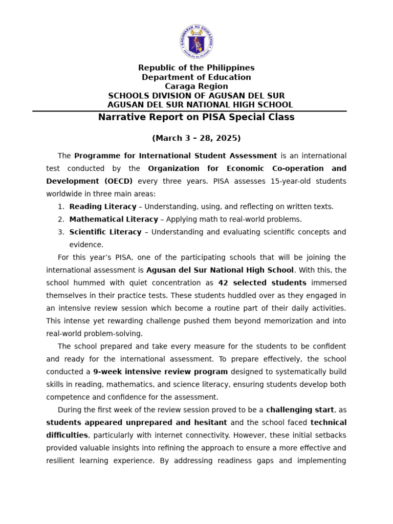 Narrative On PISA Review Sessions | PDF | Learning | Programme For ...