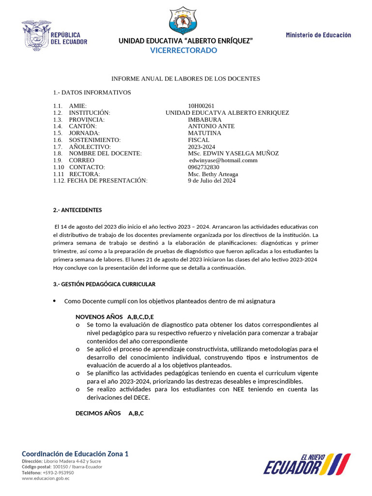 Informe - Anual - de Labores 2023 - 2024 | PDF | Plan de estudios | Cognición