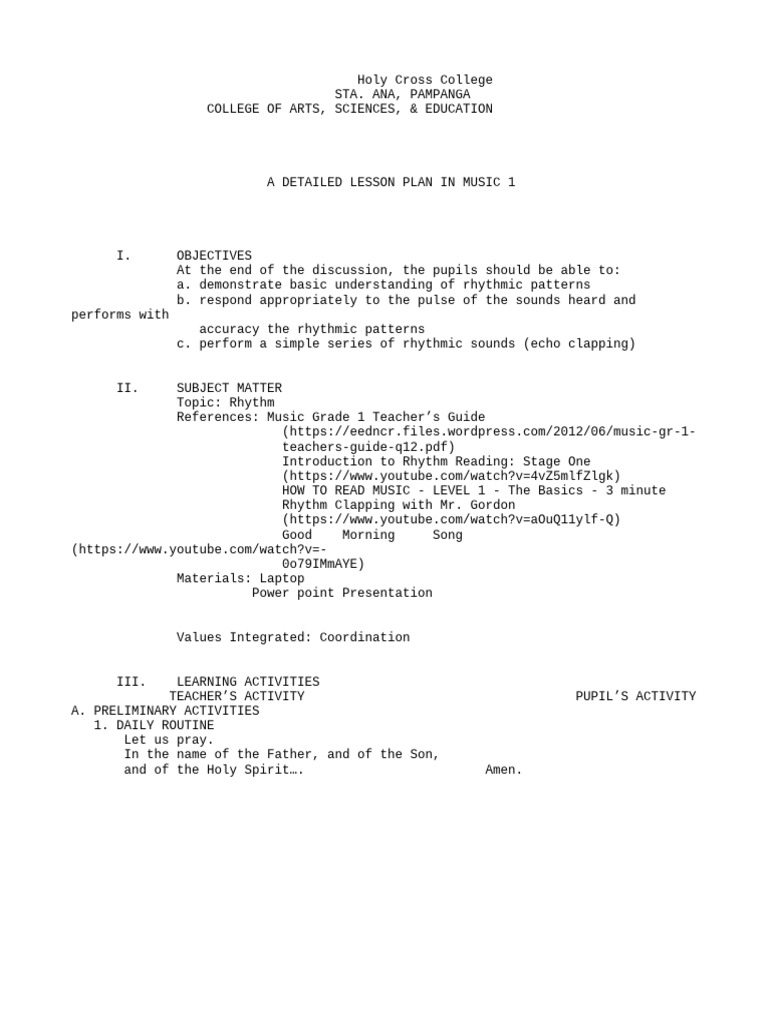 Music Lesson Plan | PDF | Rhythm | Musicology