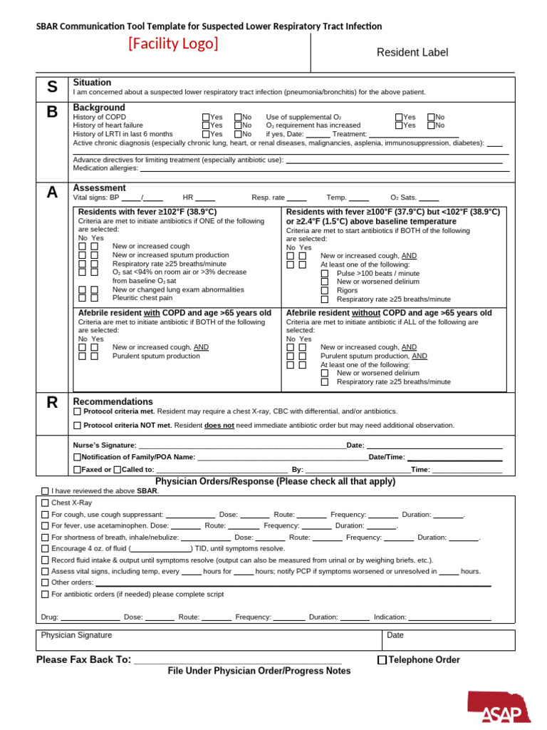 SBAR Communication Tool Template for Suspected Lower Respiratory Tract ...