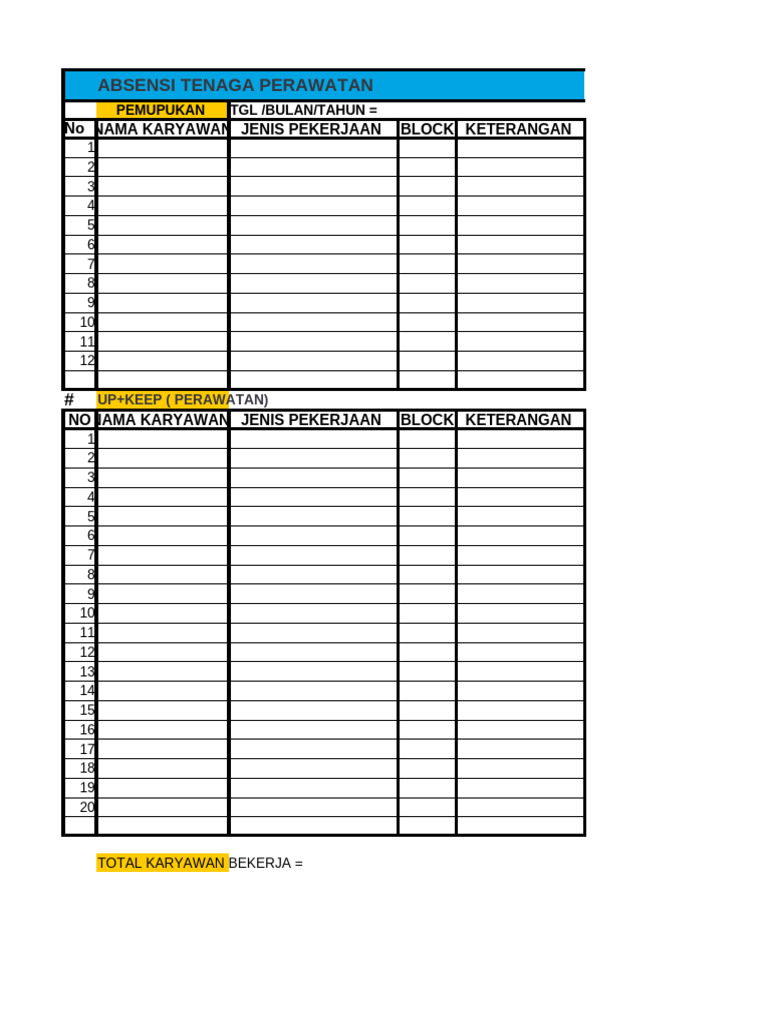 Form Absensi, Muster Chit Tenaga Perawatan | PDF