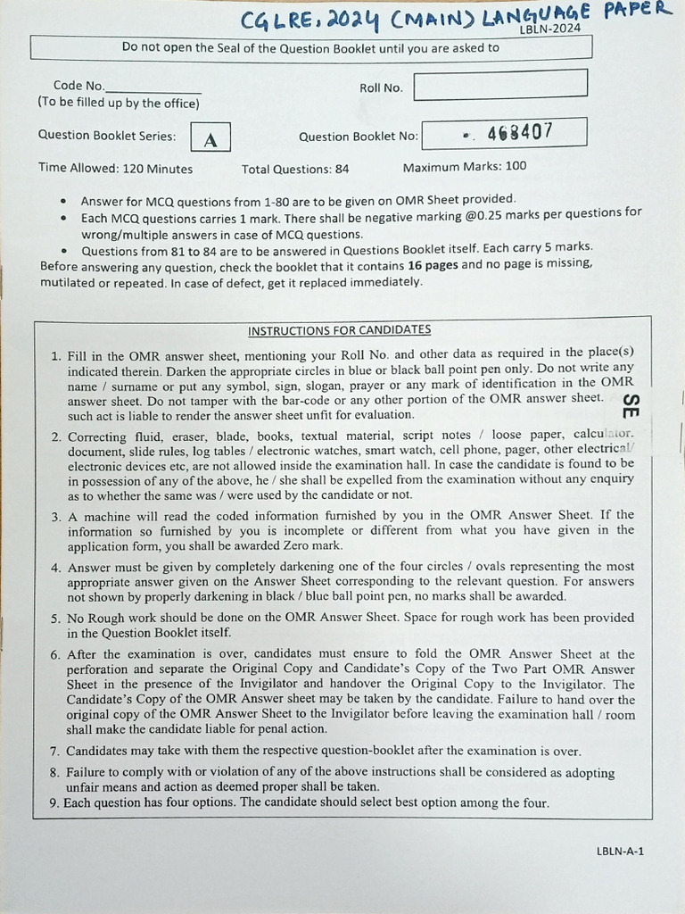 CGLRE Main Question Paper | PDF