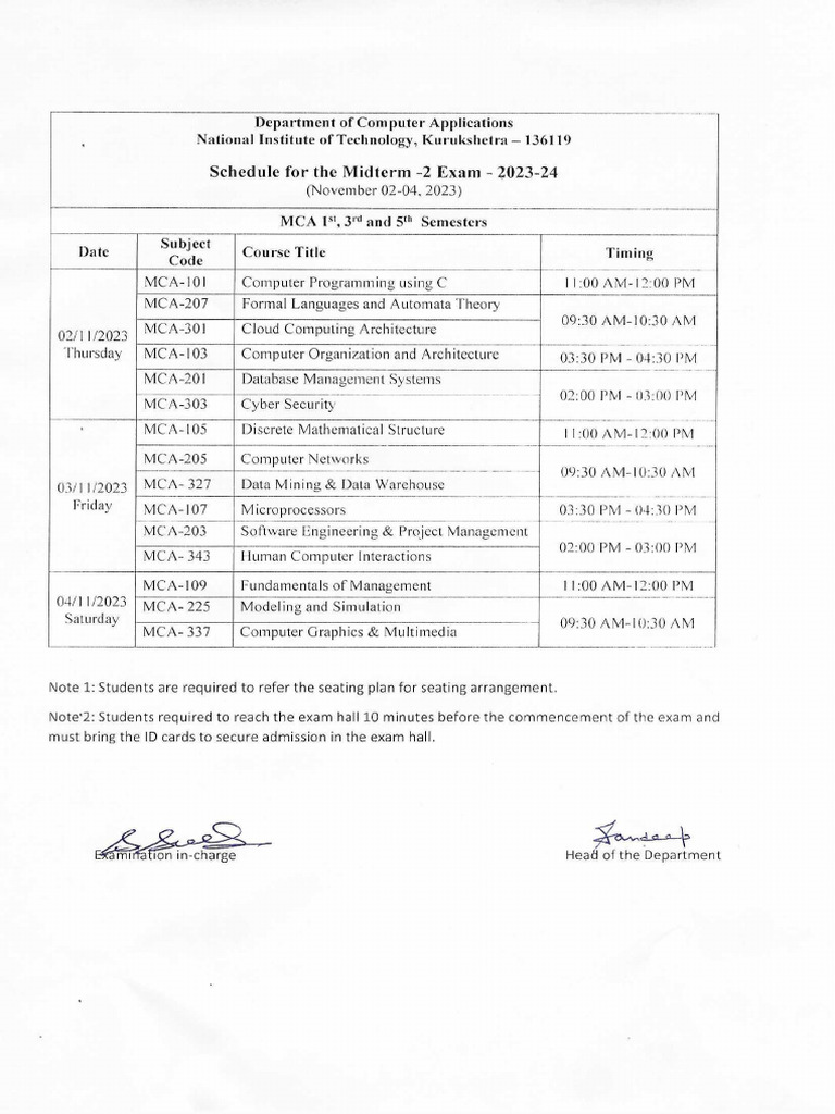 MCA Midsem-2 Schedule - Nov 2023 Final_240506_162053 | PDF