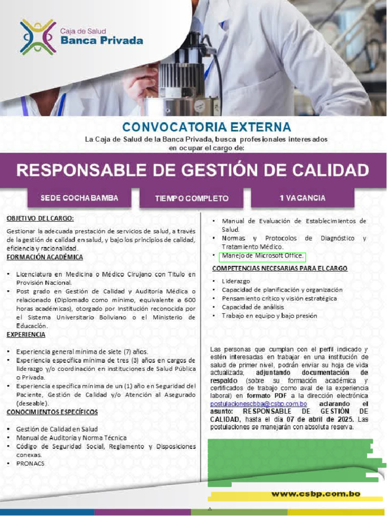 Responsable de Gestion Calidad Cbba | PDF