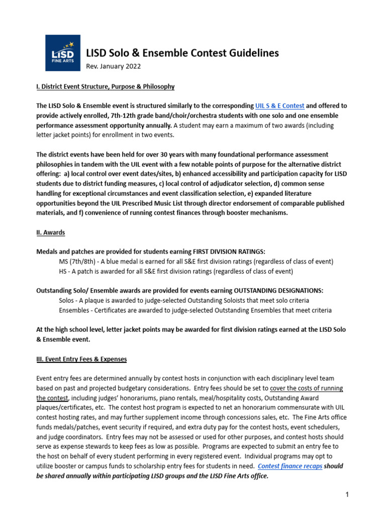 LISD Solo & Ensemble Contest Rules | PDF