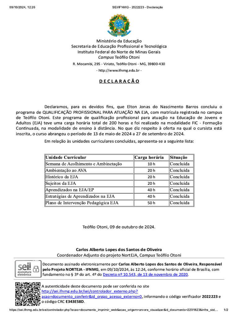 SEI - IFNMG - 2022223 - DeclaraÃ Ã o Elton Jonas | PDF