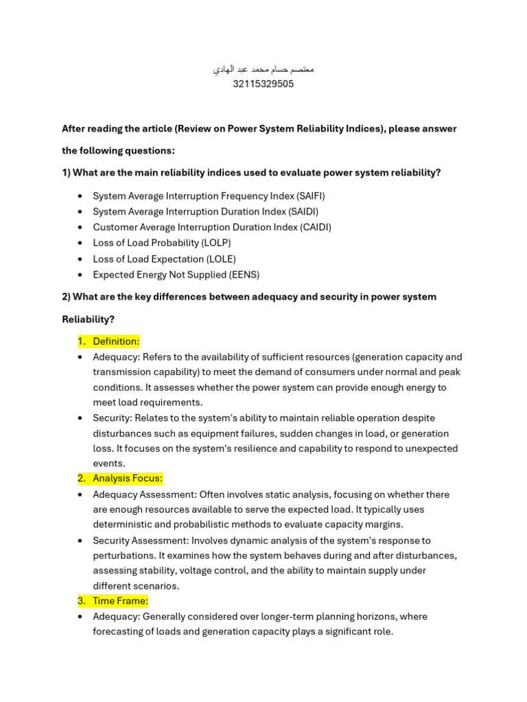 Power System Reliability Indices Explained | PDF | Reliability ...