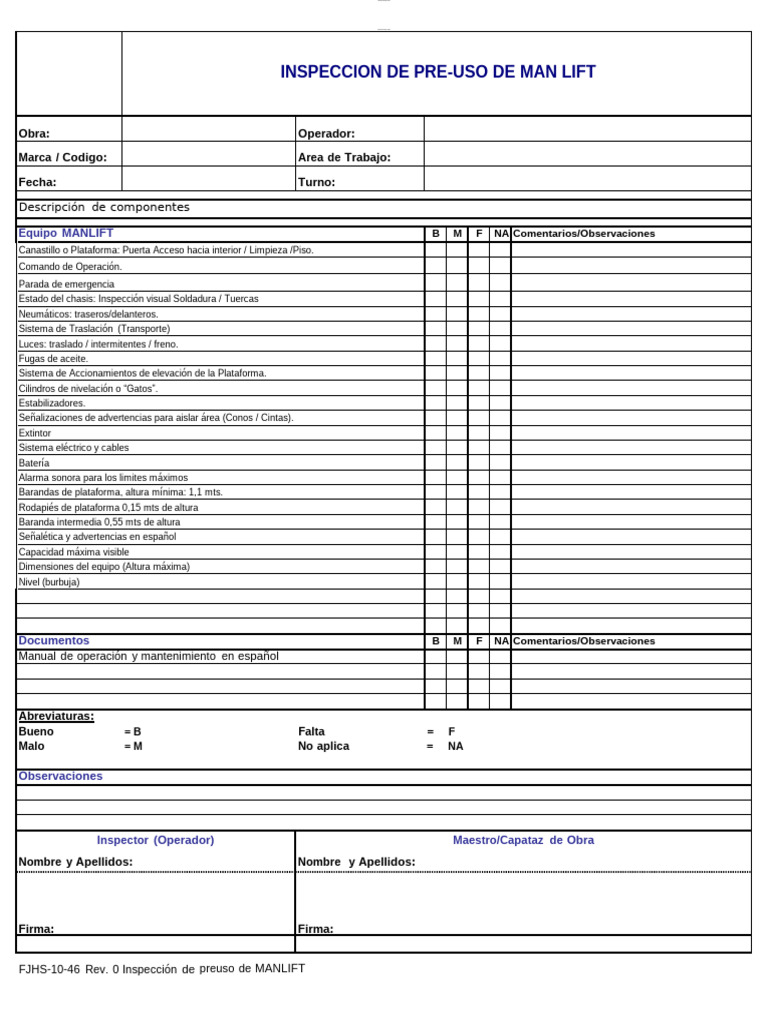 Inspección Preuso de Manlift: Checklist Completo | PDF