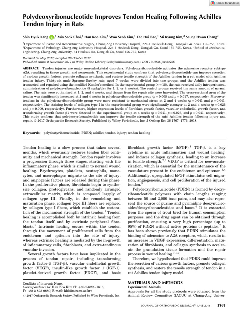 2017 - Kang - Polydeoxyribonucleotide Improves Tendon Healing Following Achilles Tendon | PDF ...