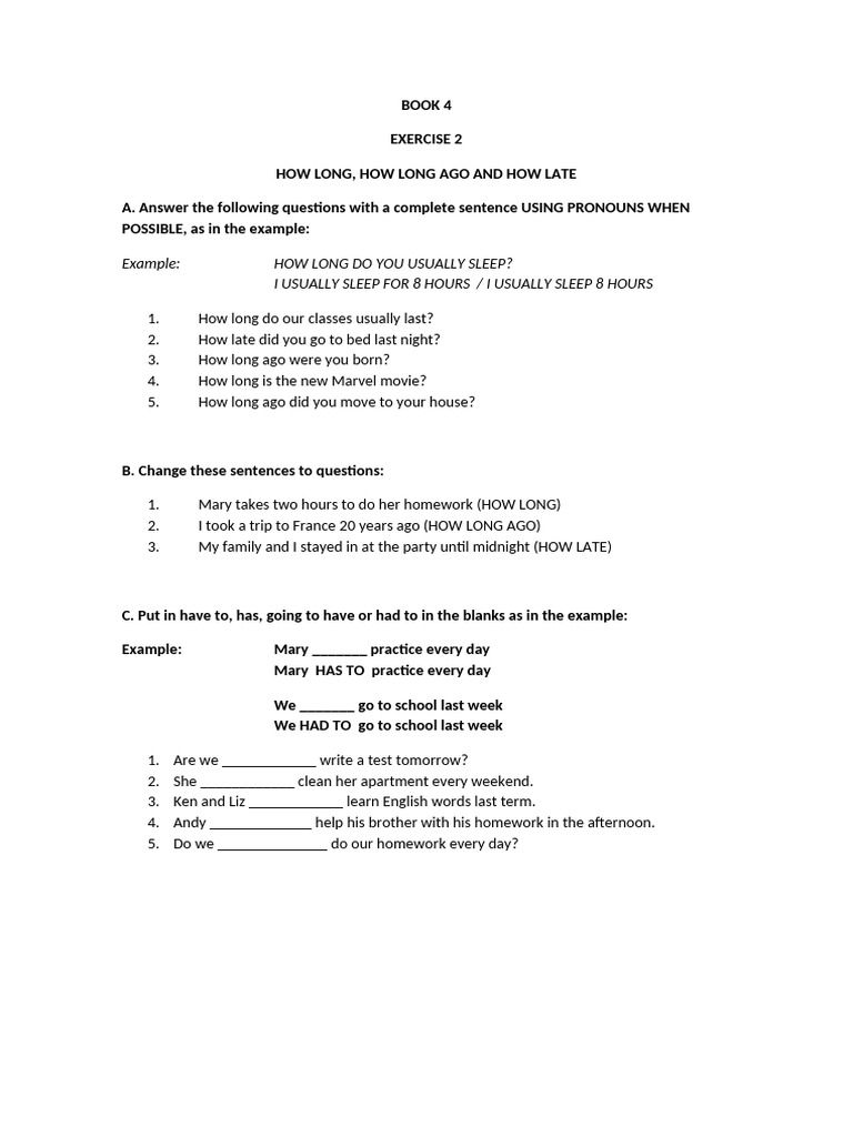 How Long and Question Exercises | PDF