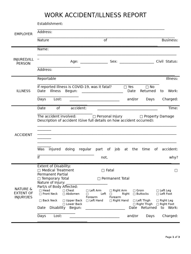 Work Accident And Illness Report Form Pdf Personal Protective