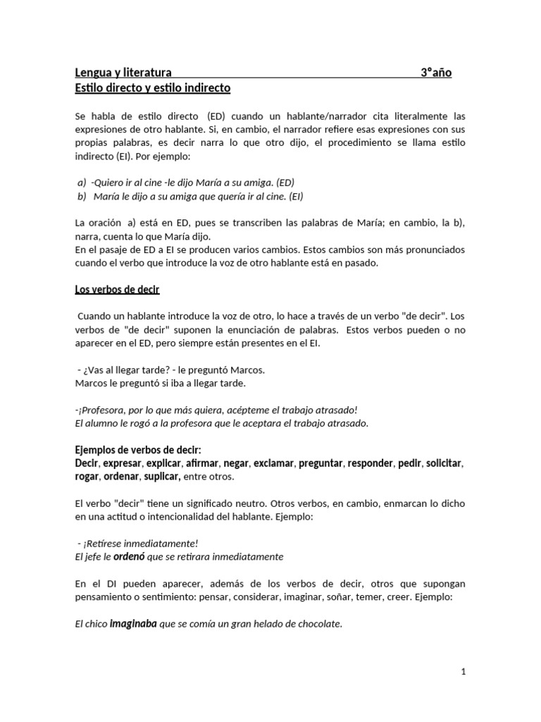 Estilo Directo y Estilo Indirecto. Apunte y Ejercicios 3ºaño | PDF | Verbo | Sintaxis