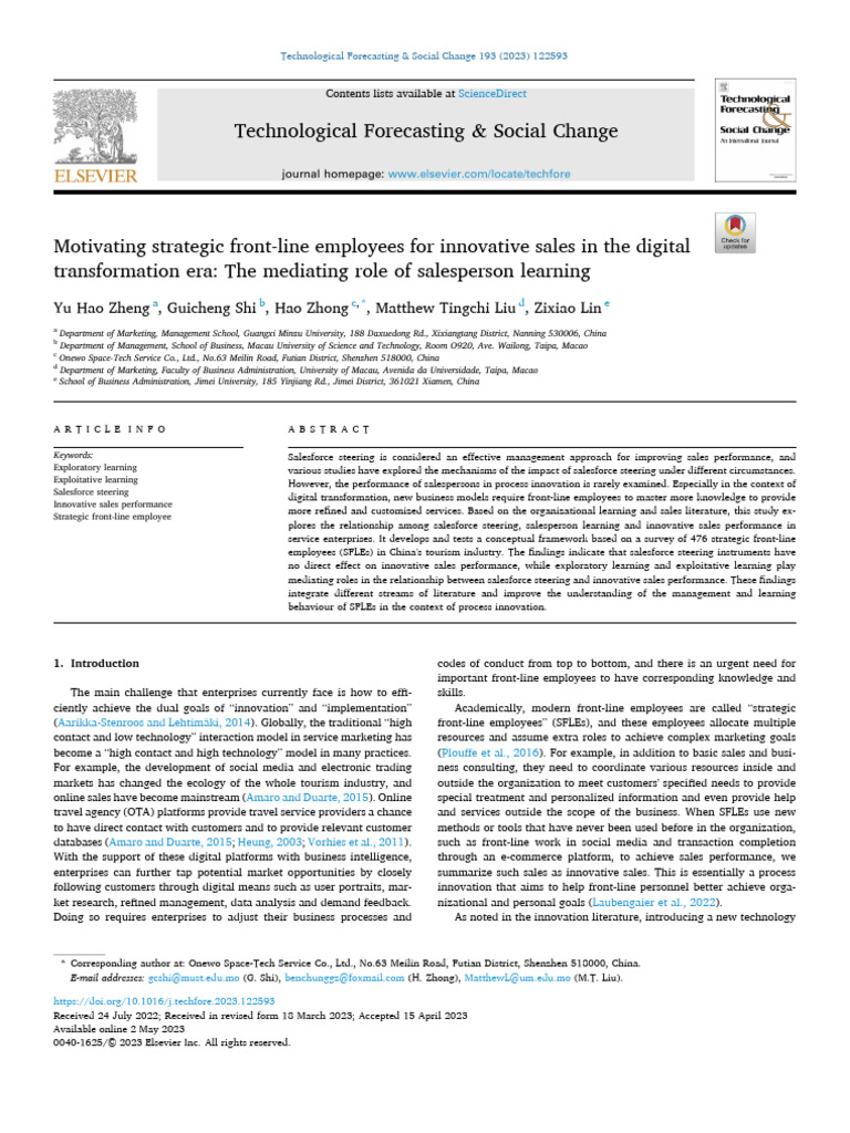 Motivating Strategic Front-Line Employees For Innovative Sales in The Digital Transformation Era ...